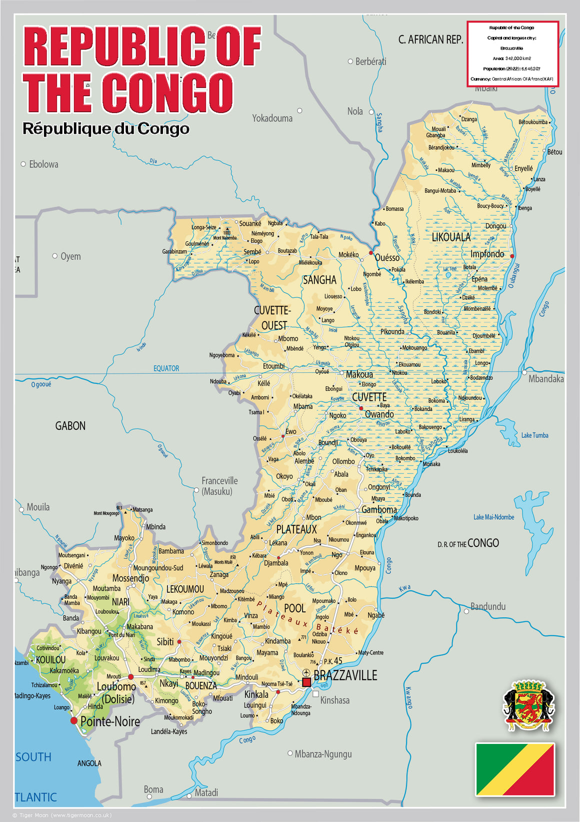 Physical Map of Republic of the Congo (OC) – Tiger Moon