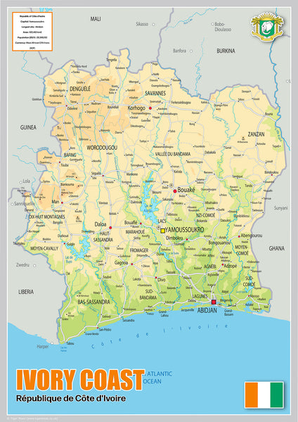 Physical Map of The Ivory Coast (OC) – Tiger Moon