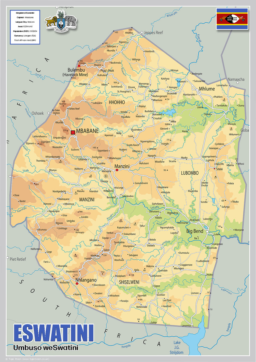 Physical Map of Eswatini (OC) – Tiger Moon