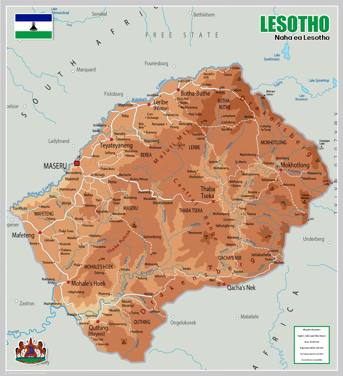 Physical Map of Lesotho (OC) – Tiger Moon