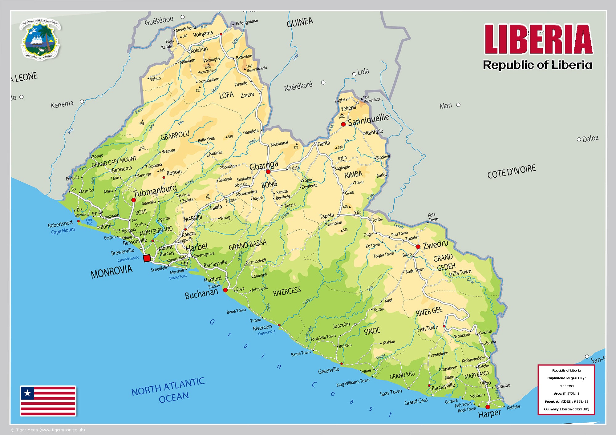 Physical Map of Liberia (OC) – Tiger Moon