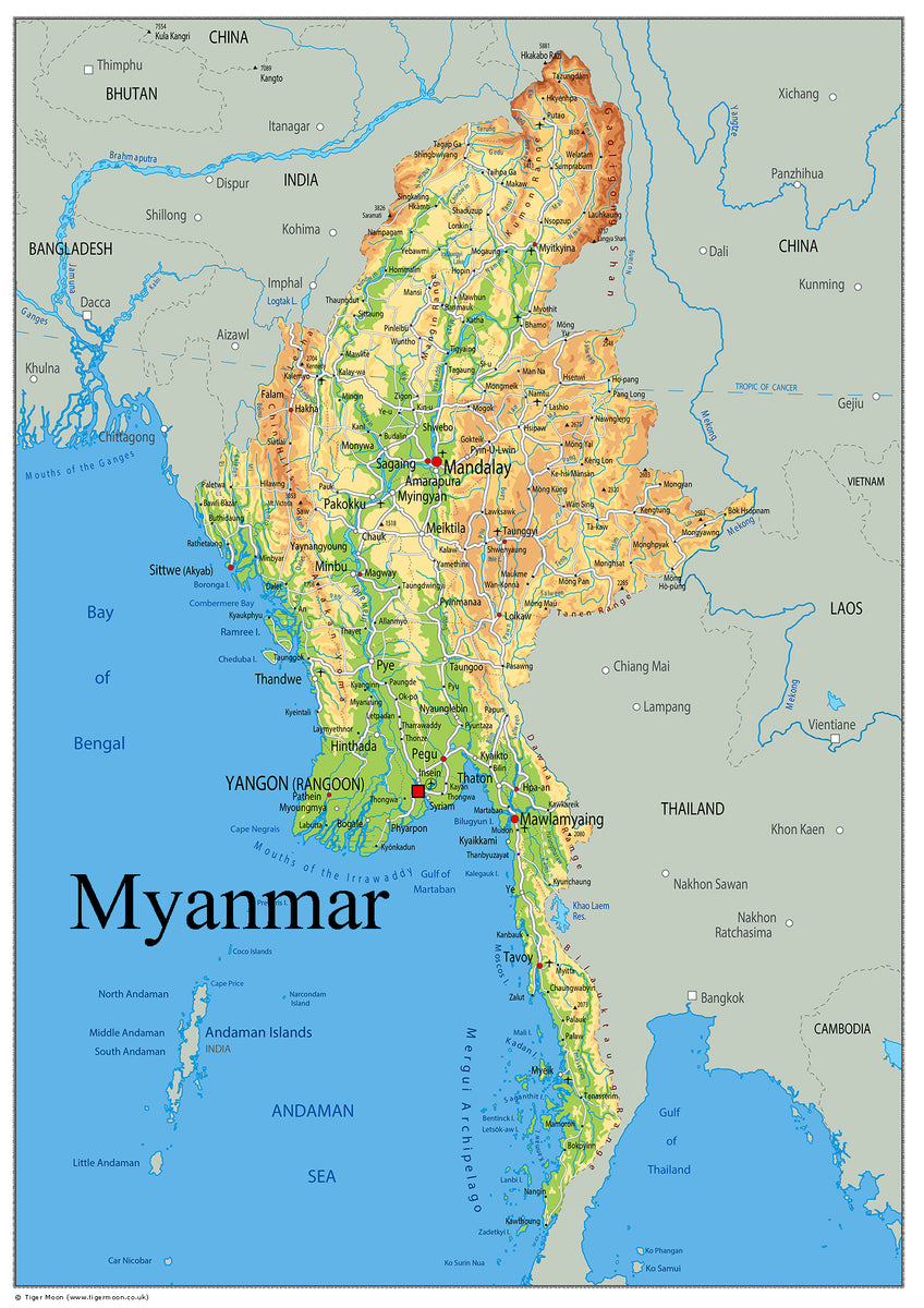 Physical Map of Myanmar (OC) – Tiger Moon
