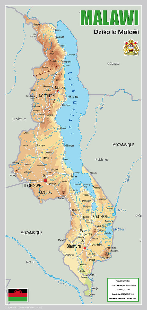 Physical Map of Malawi (OC) – Tiger Moon