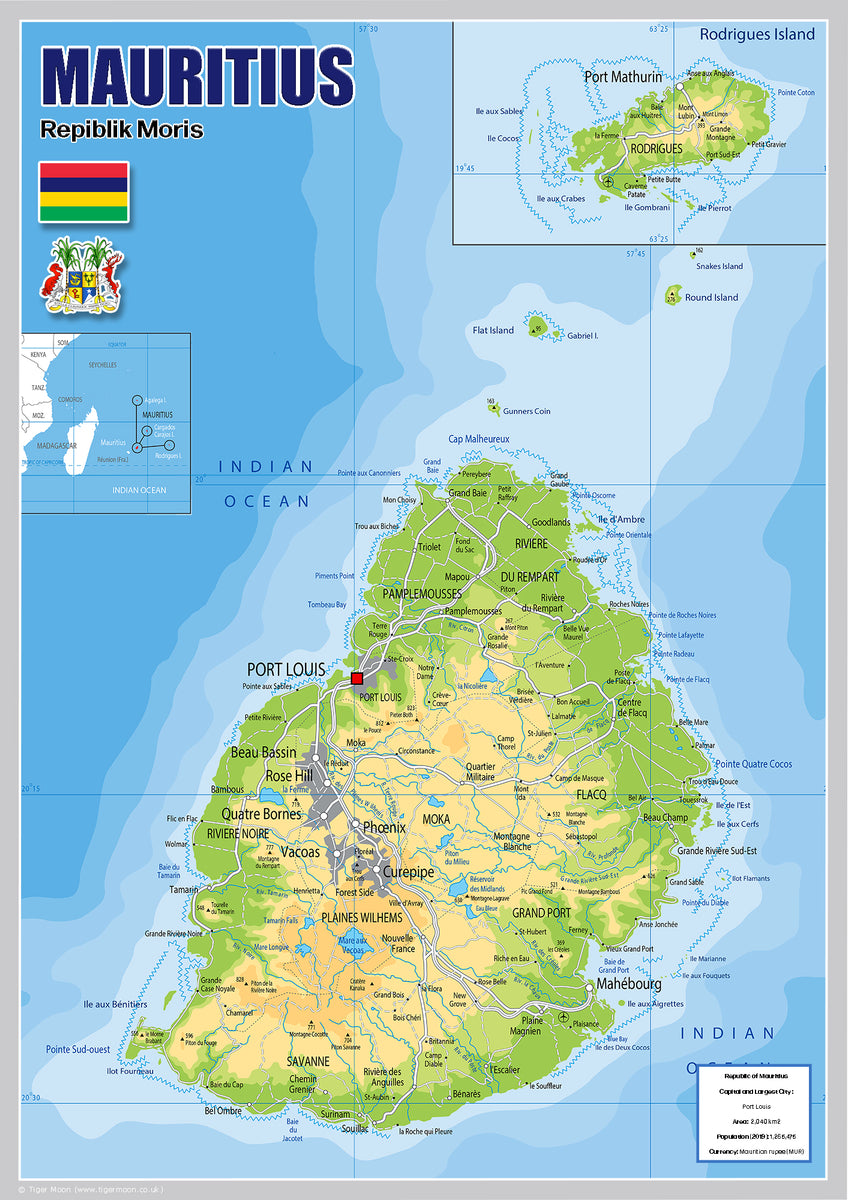 Physical Map of Mauritius (OC) – Tiger Moon
