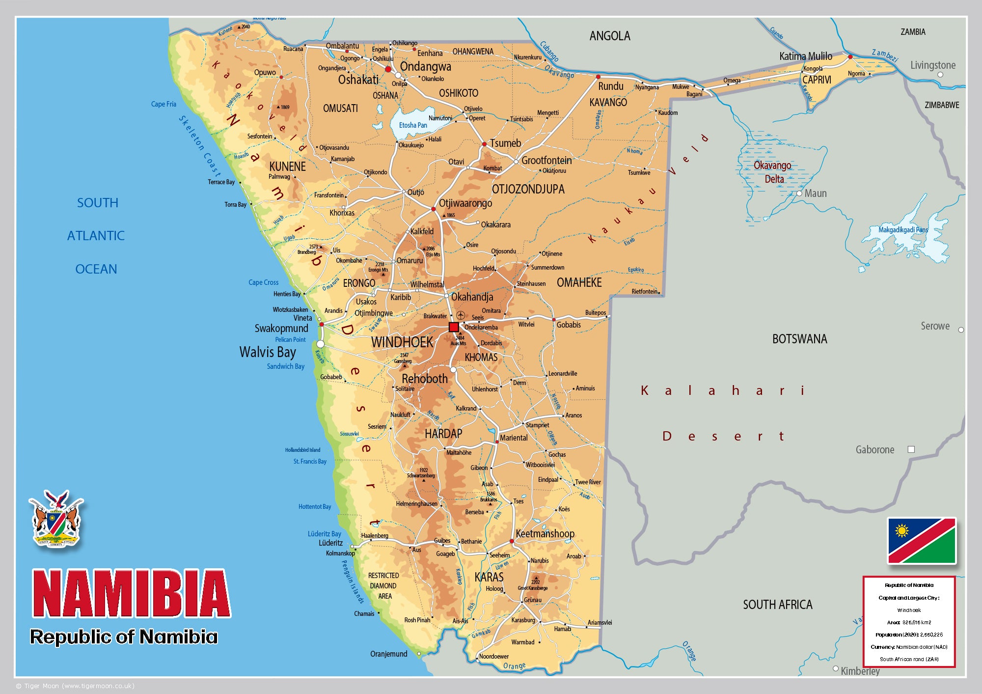 Physical Map of Nambia (OC) – Tiger Moon