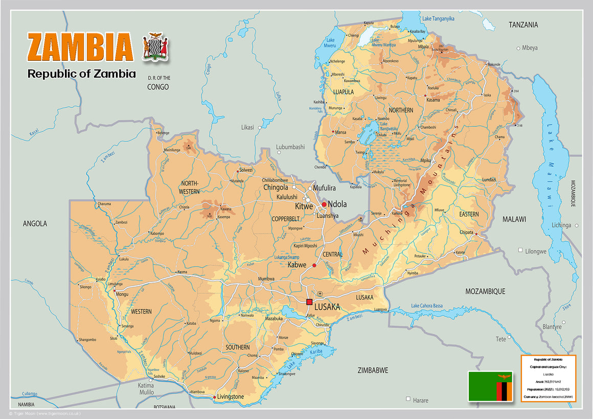 Physical Map of Zambia (OC) – Tiger Moon