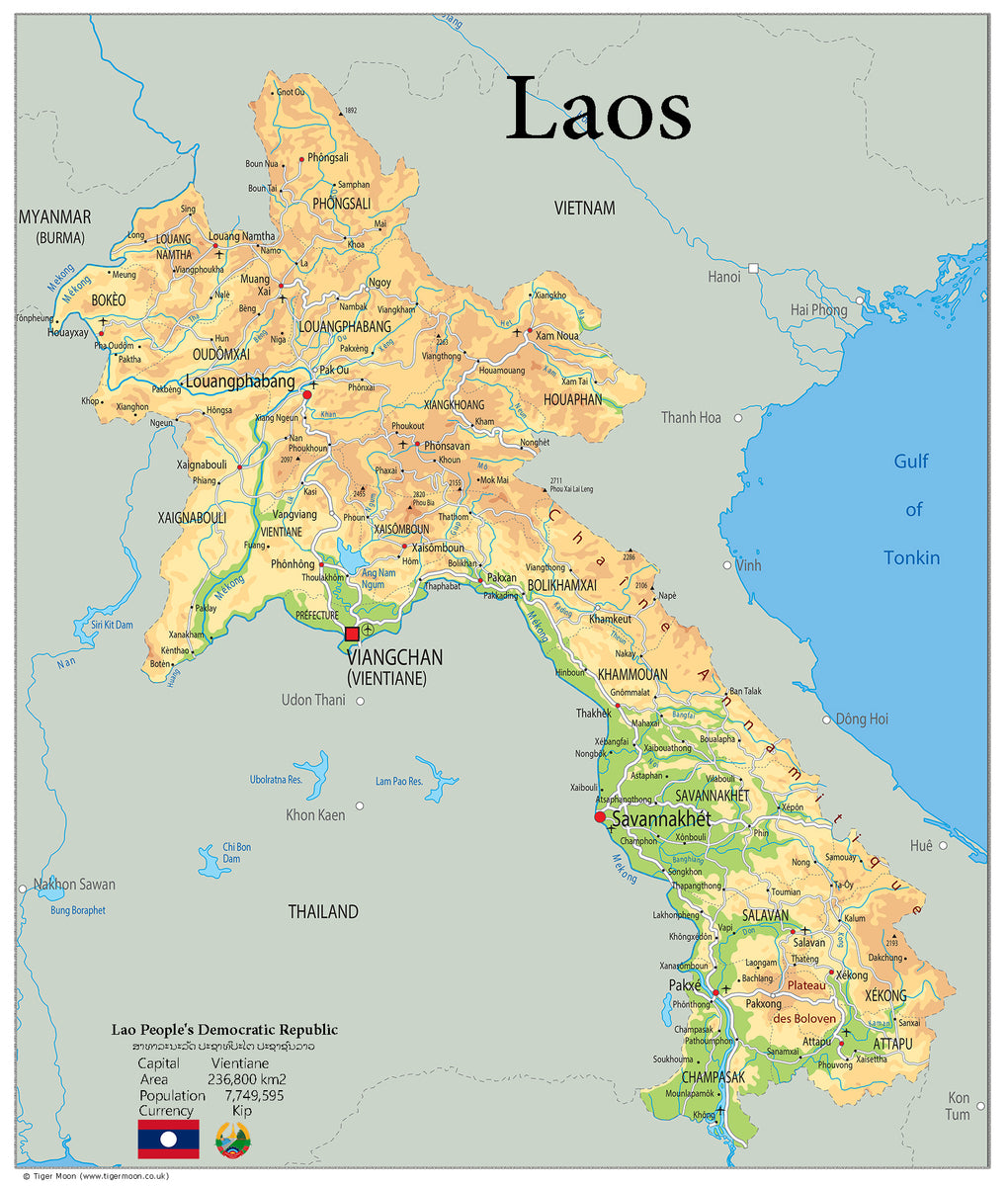 Physical Map of Laos (OC) – Tiger Moon