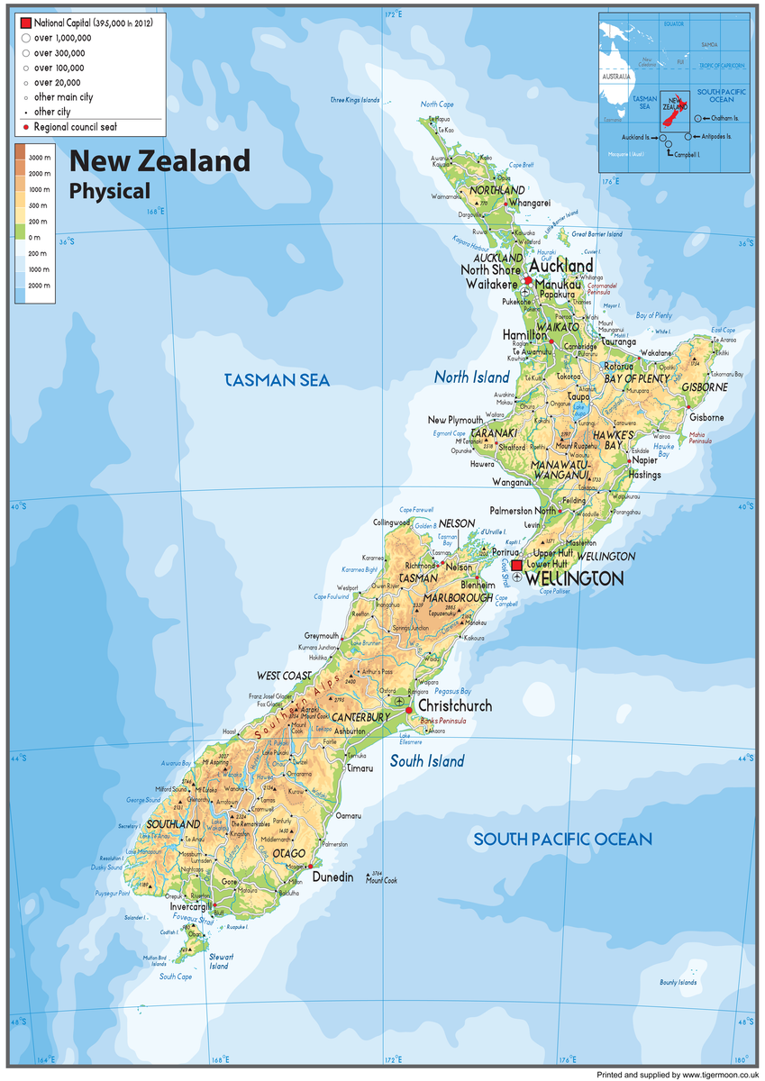 New Zealand Physical Map – Tiger Moon