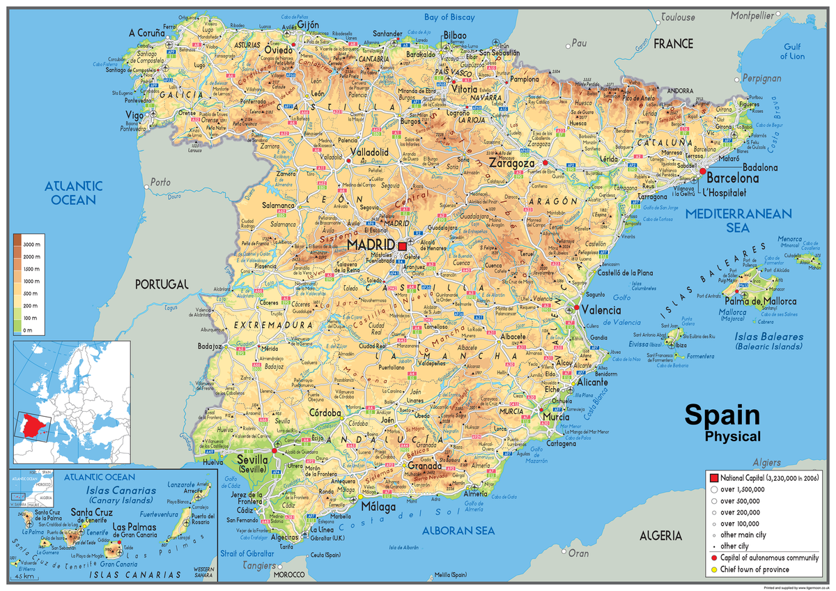 Spain Physical Map – Tiger Moon