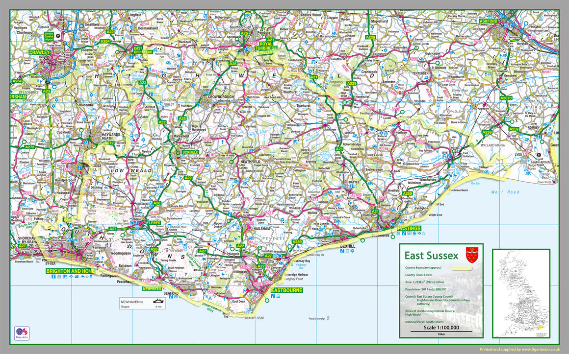 East Sussex County Map – Tiger Moon
