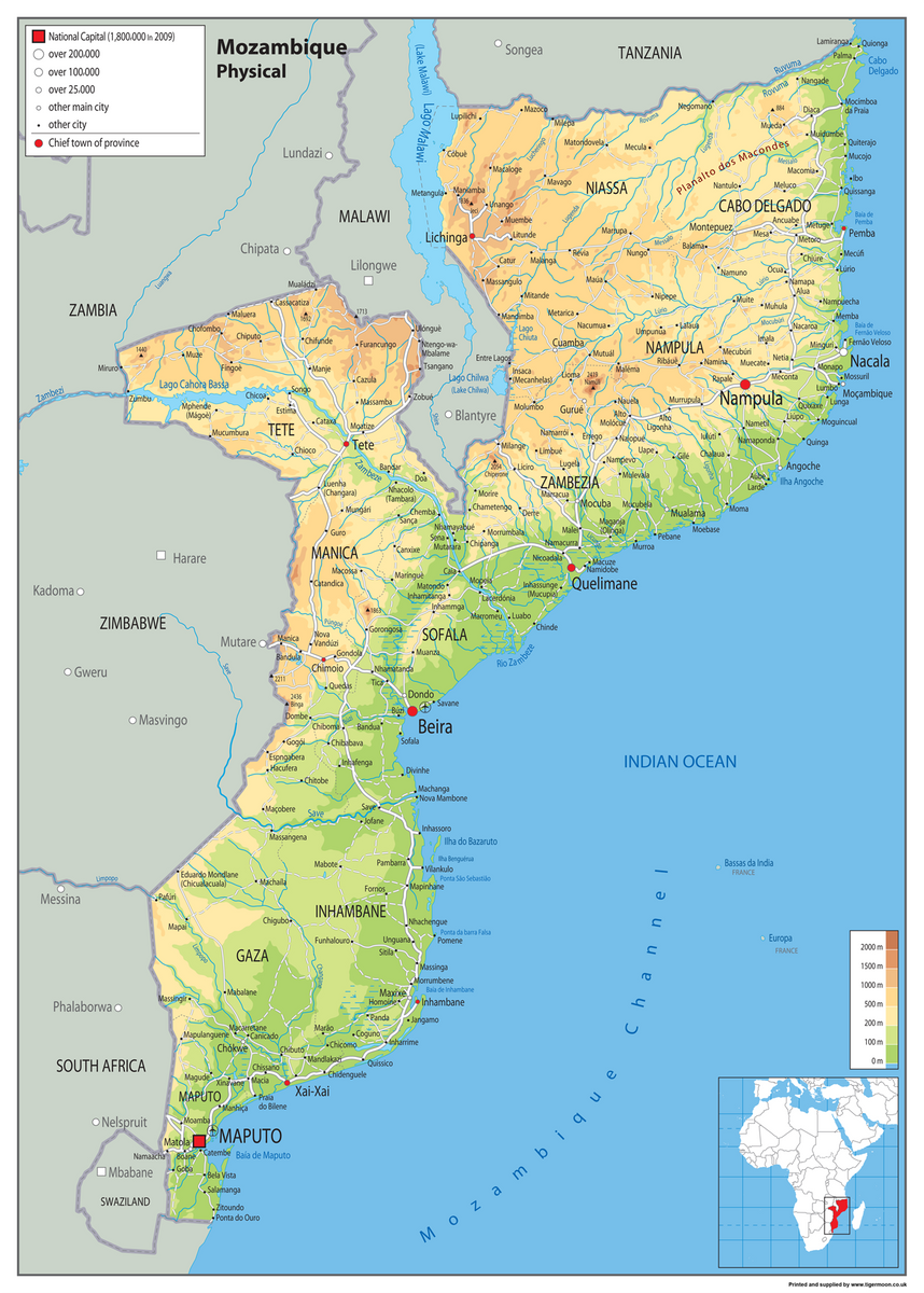Mozambique Physical Map – Tiger Moon